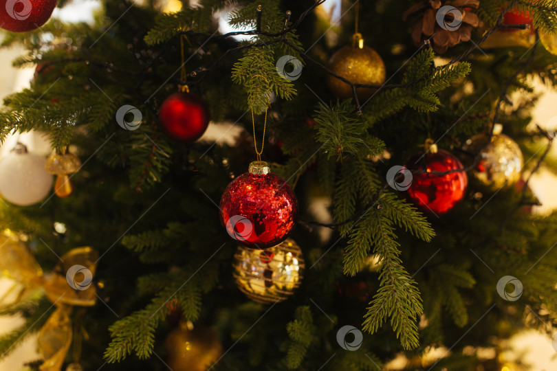 Золотой и красный новогодние шары на елке. - Ozero - российский фотосток
